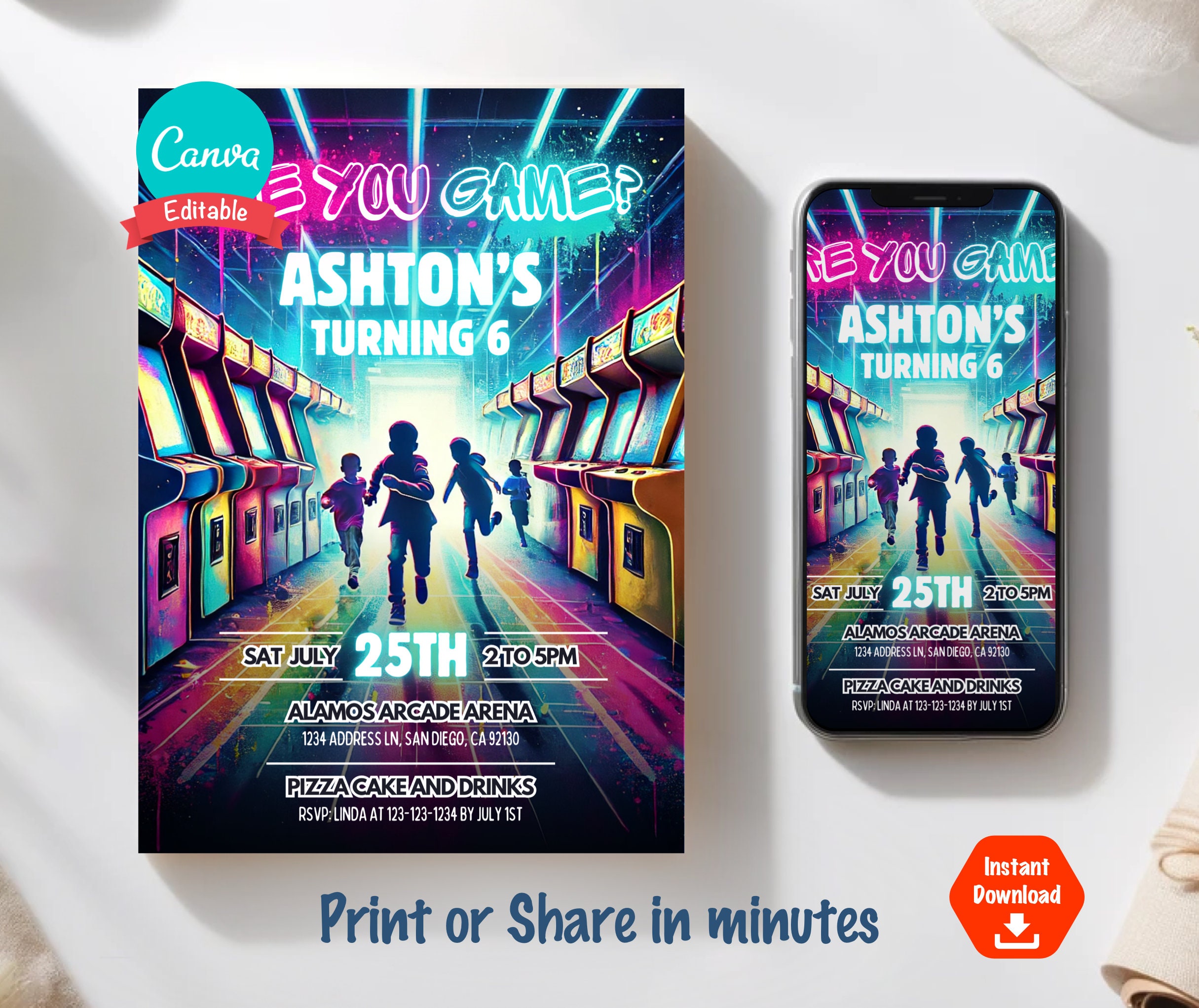 Arcade Birthday Party Invite for Boy Video Arcade Birthday, Neon Game ...