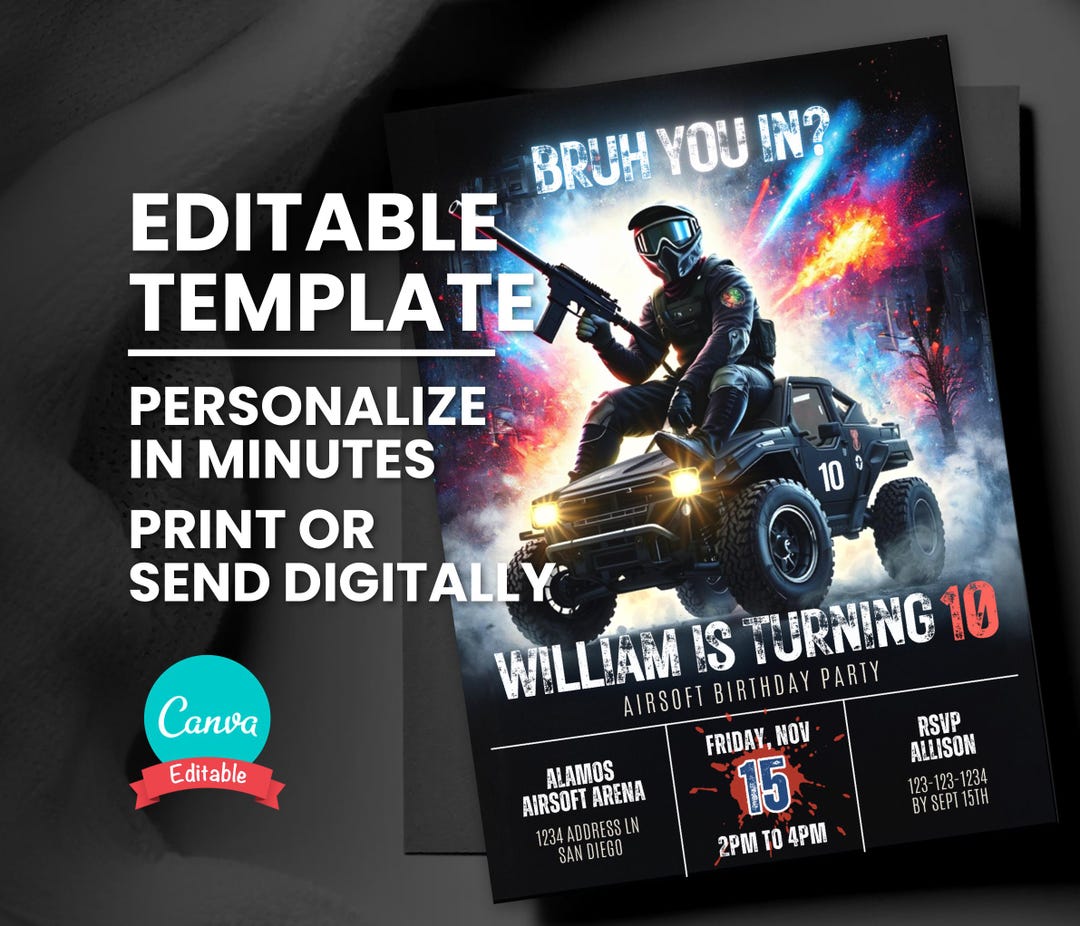 Airsoft Birthday Invitation, Airsoft Party Game Ticket Invite, Editable ...