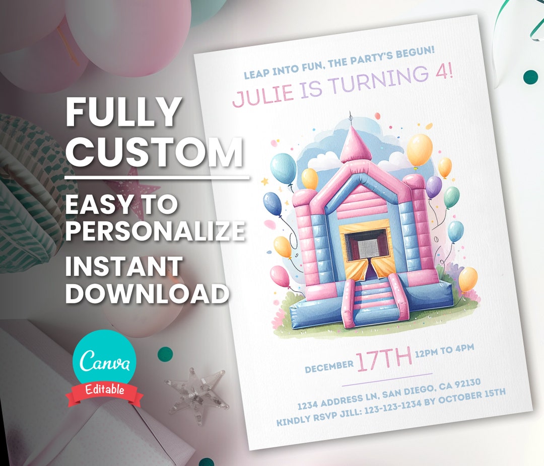 Printable Bounce House Birthday Invitation for Girl Trampoline Party ...