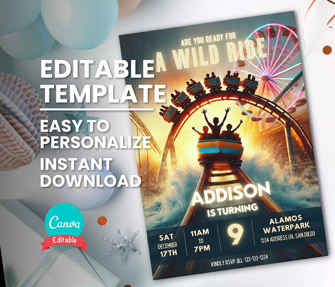 Amusement Birthday Party Invitation for Waterpark Park, Fun Theme Park ...