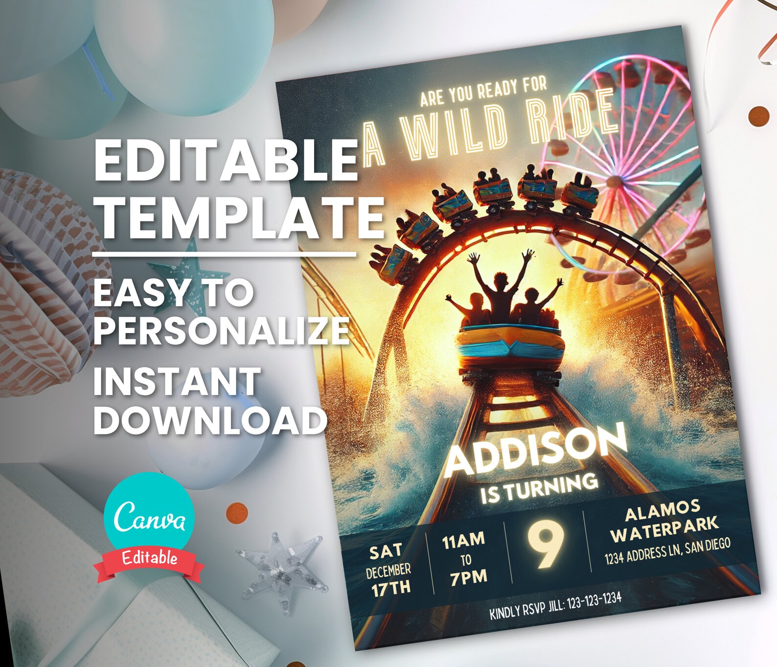 Amusement Birthday Party Invitation for Waterpark Park, Fun Theme Park ...