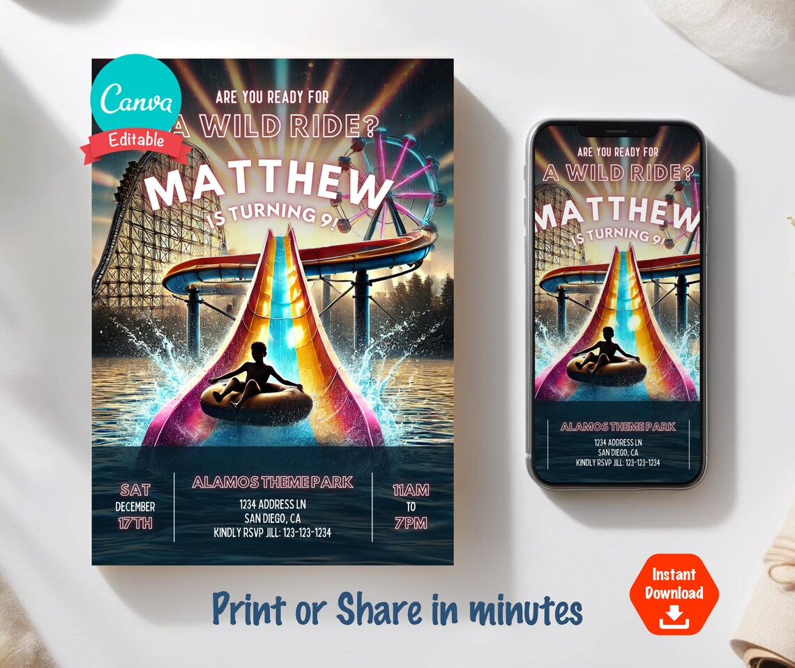 Waterpark Birthday Party Invitation for Amusement Park, Theme Fun Park ...