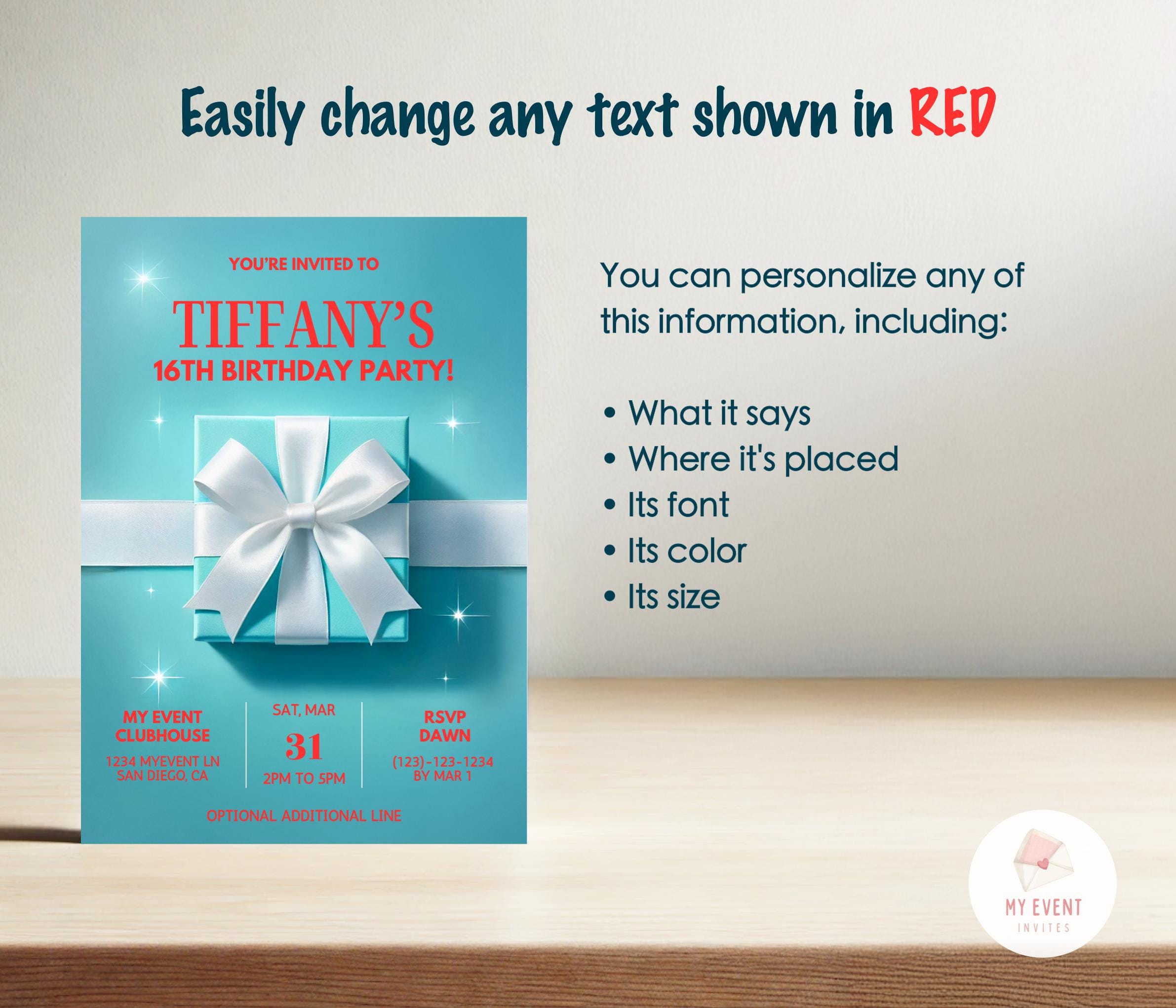 Tiffany Birthday Invitation, Gift Box Invite, Any Age Editable Template ...