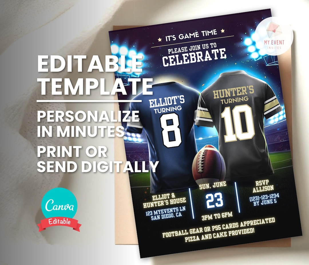 Football Joint Birthday Invitation: Editable Jersey, Double Party ...