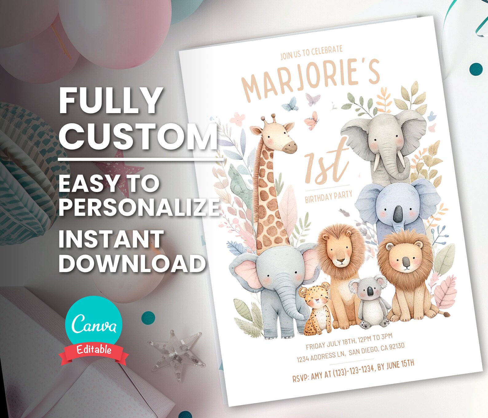 Editable Safari Birthday Invitation for Kids Zoo Animal First Birthday ...