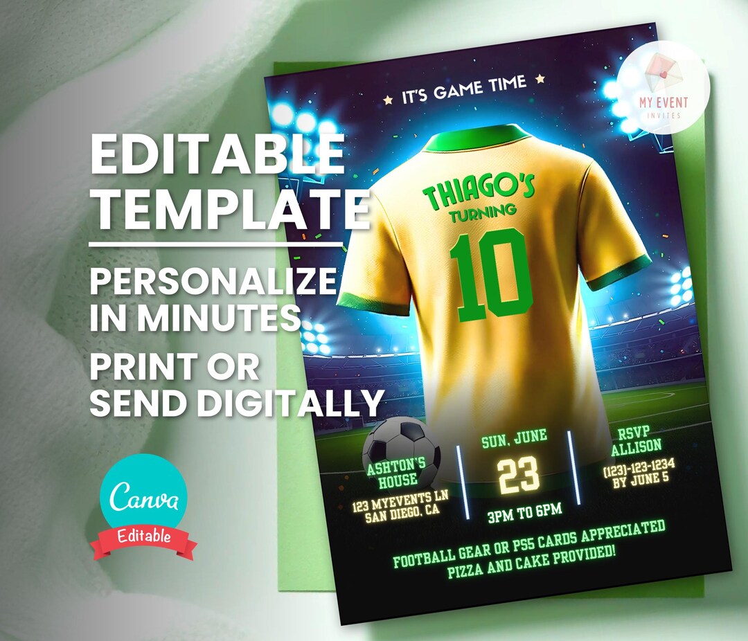 Soccer Birthday Party Invitation, Editable Age Brazil Soccer Jersey ...