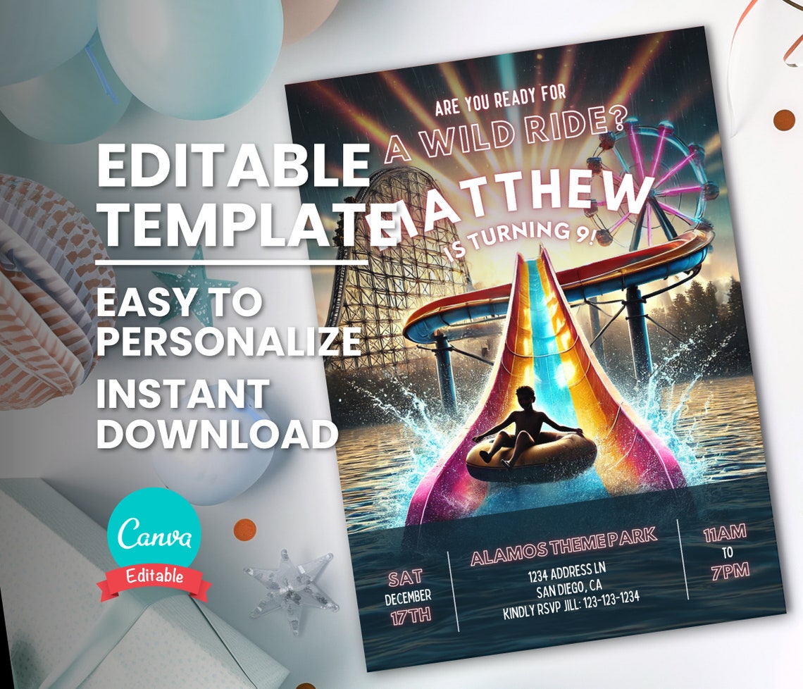 Waterpark Birthday Party Invitation for Amusement Park, Theme Fun Park ...