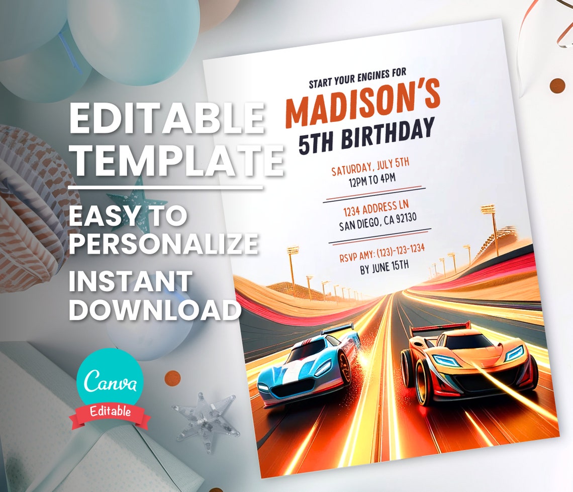 Racing Party Invitation for Race Car Birthday Party Invite, Racing Car ...