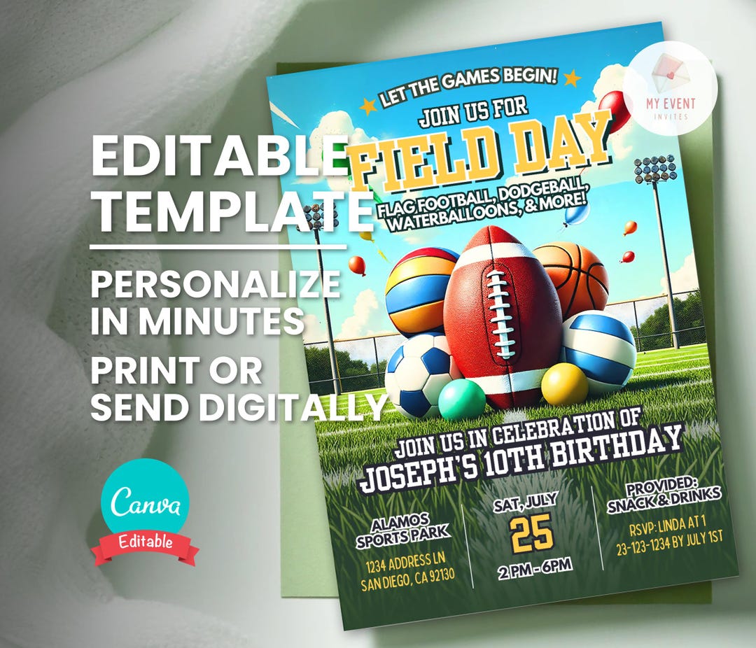 Field Day Birthday Invite, Sports Park Party Invitation Flyer, Editable ...