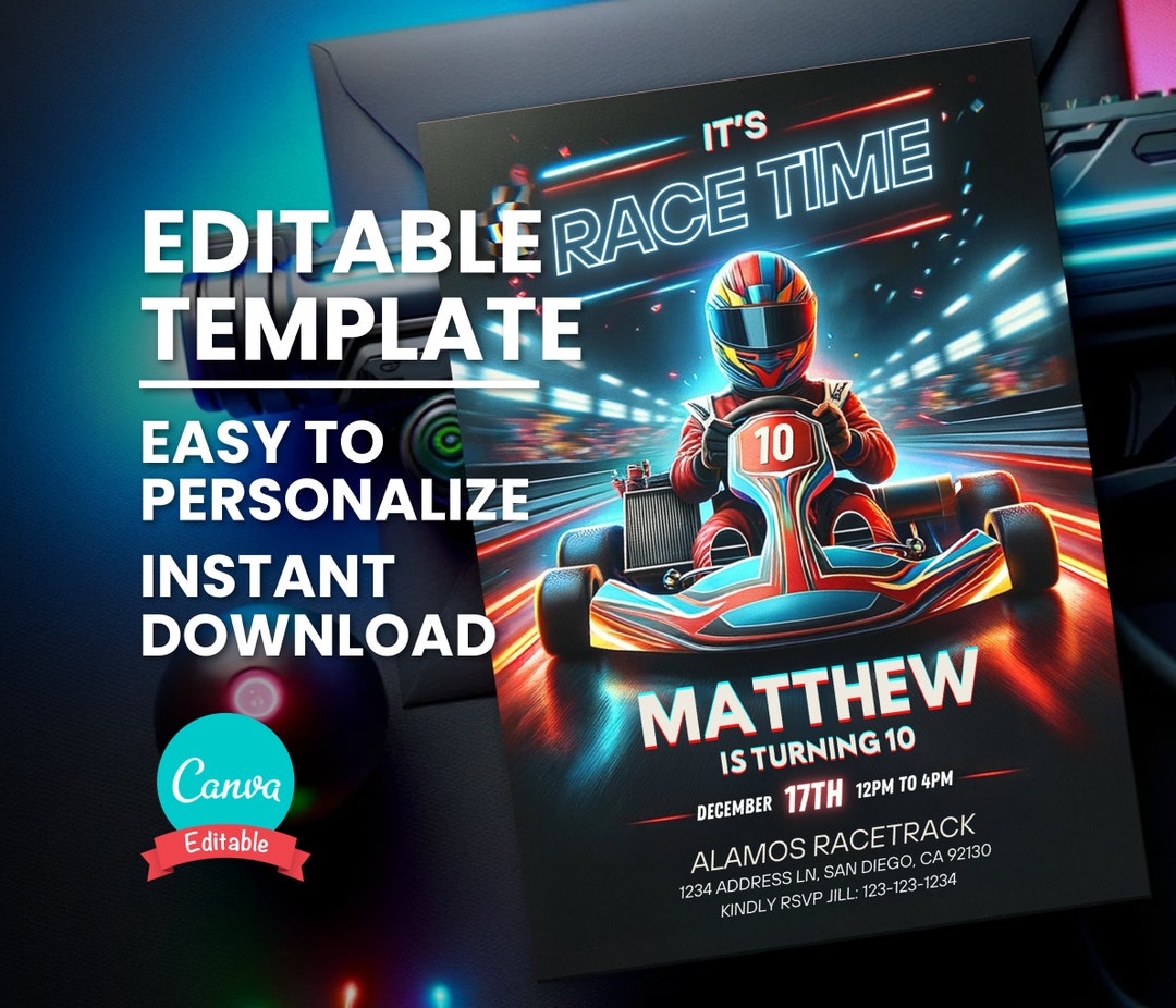 Go Kart Party Invite, Any Age, Teen Go Cart Printable Birthday ...