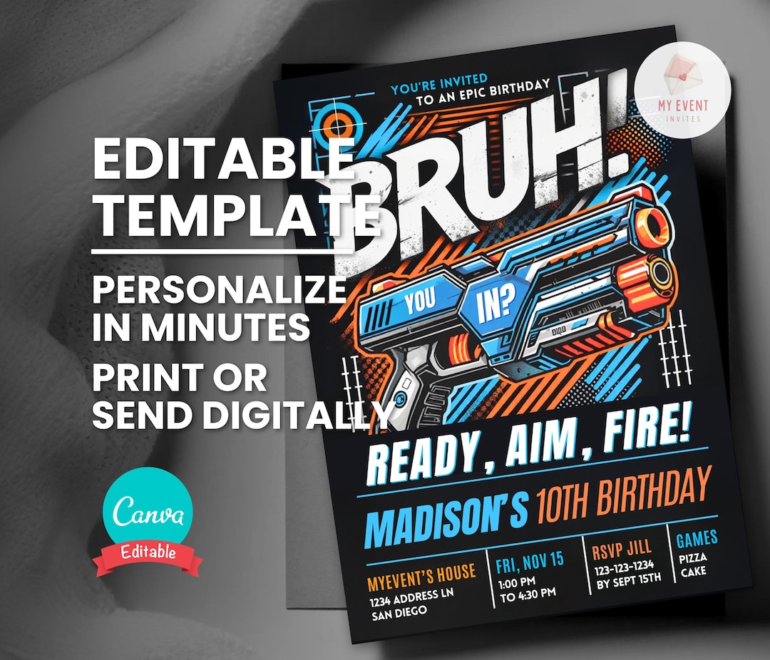 Dart Gun Birthday Invitation, Any Age Blaster Fight Theme, Editable ...