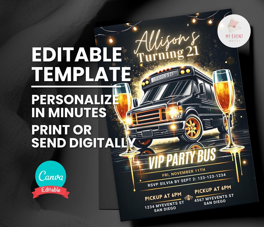 Party Bus Birthday Invitation, VIP Party Bus Invite, Editable Digital ...