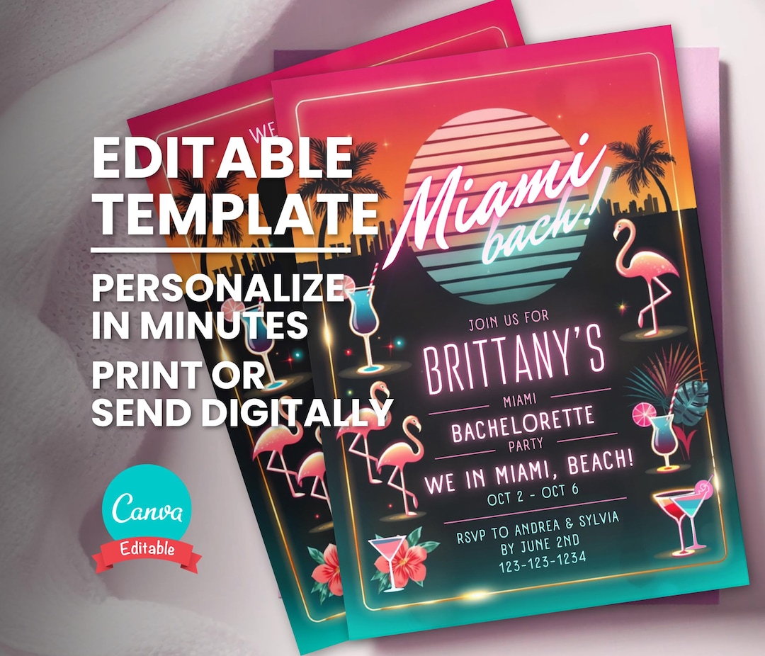 Miami Bachelorette Invitation Set, Neon Miami Bach Party Invite ...
