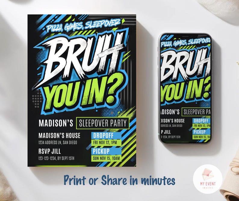 Bruh Sleepover Invitation, Boys Night or Weekend Digital Template ...