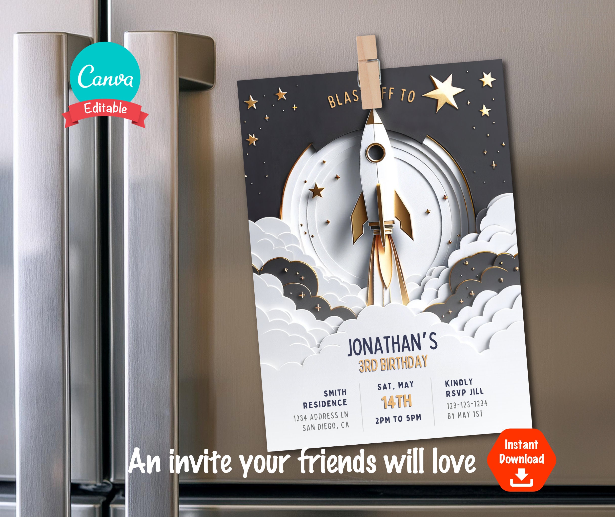Rocket Ship Party Invite for Kid Outer Space Birthday Party Invitation ...