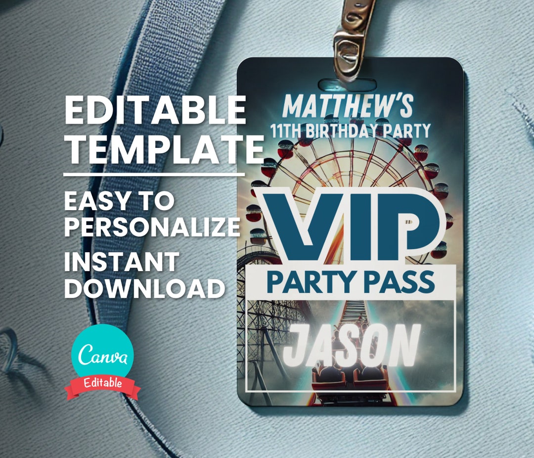 Editable Rollercoaster Party VIP Pass for Amusement Theme Park Birthday ...