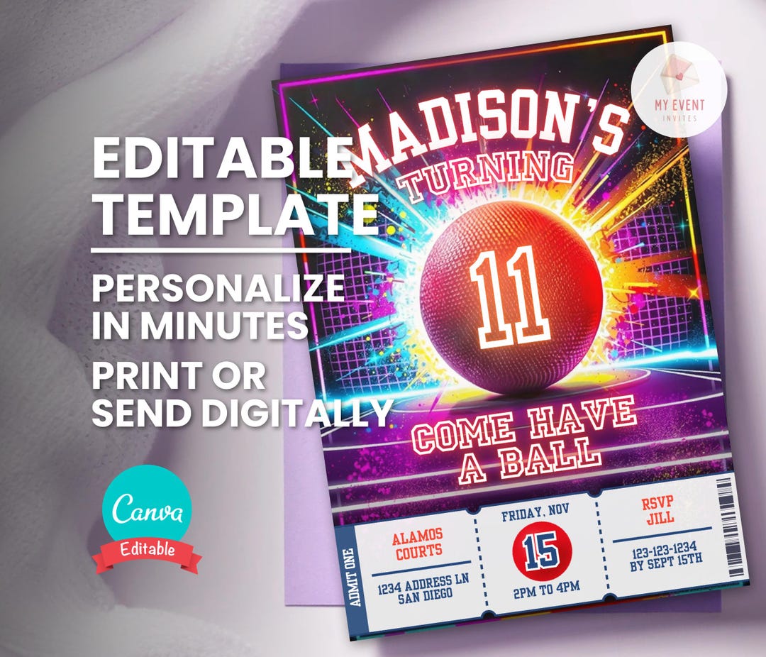 Kickball Dodgeball Birthday Invitation, Game Ticket Invite, Editable ...