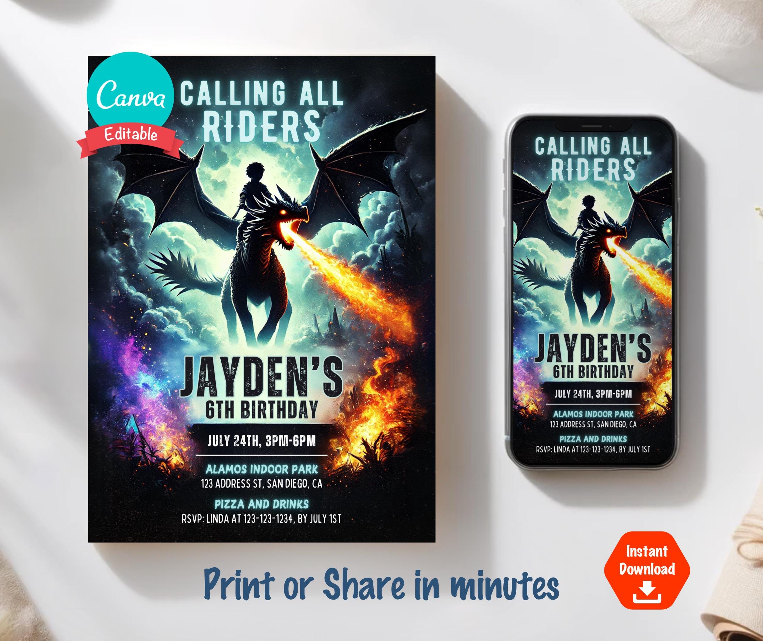 Fantasy Dragon Birthday Party Invitation Card, Calling All Riders ...