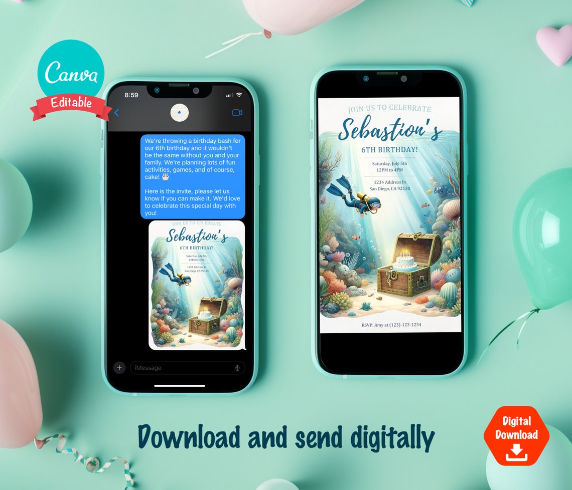 Scuba Diver Birthday Party Invitation Underwater Treasure Theme Instant ...