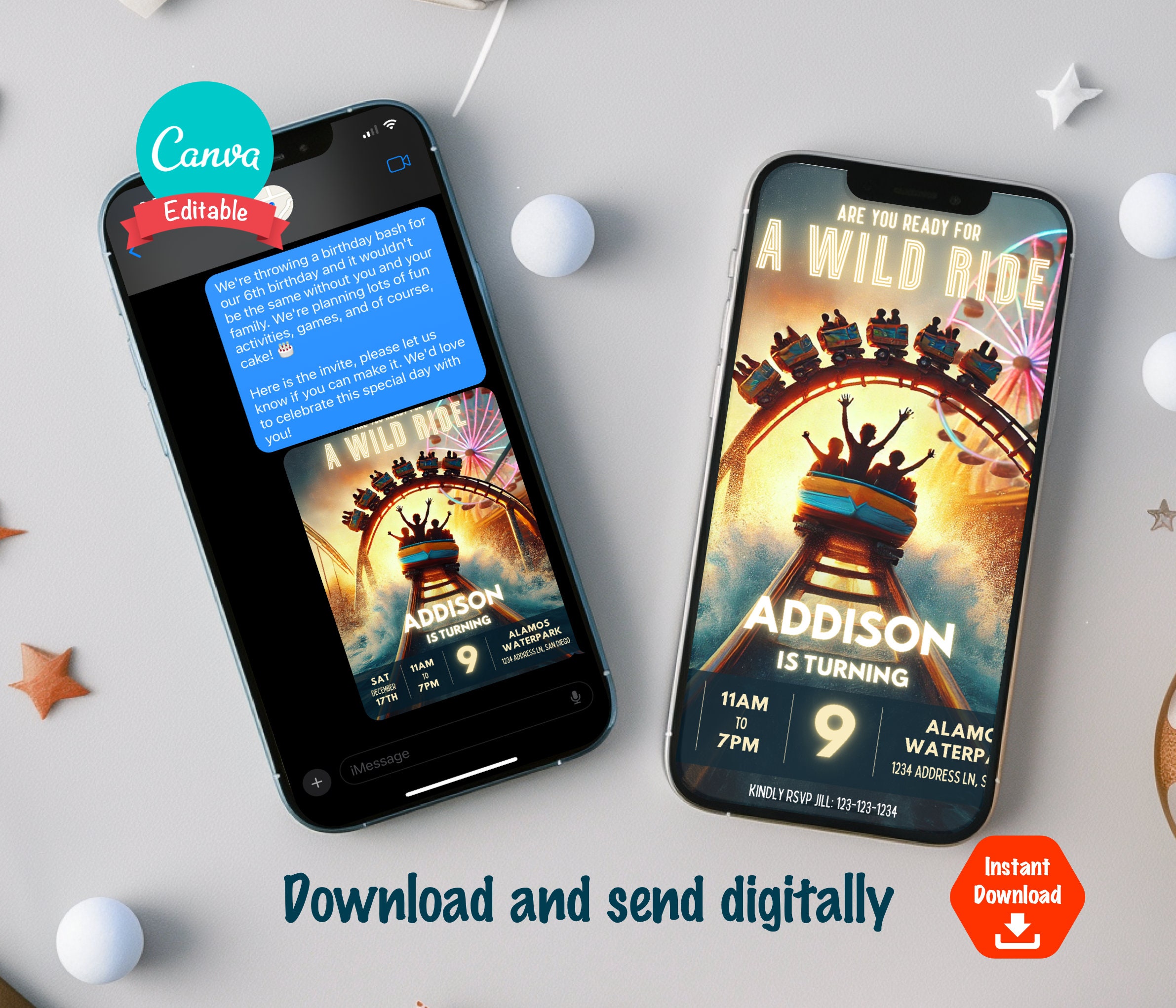 Amusement Birthday Party Invitation for Waterpark Park, Fun Theme Park ...