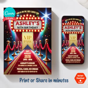 Red Carpet Invitation, Star VIP Pass Birthday Party, Glamorous ...