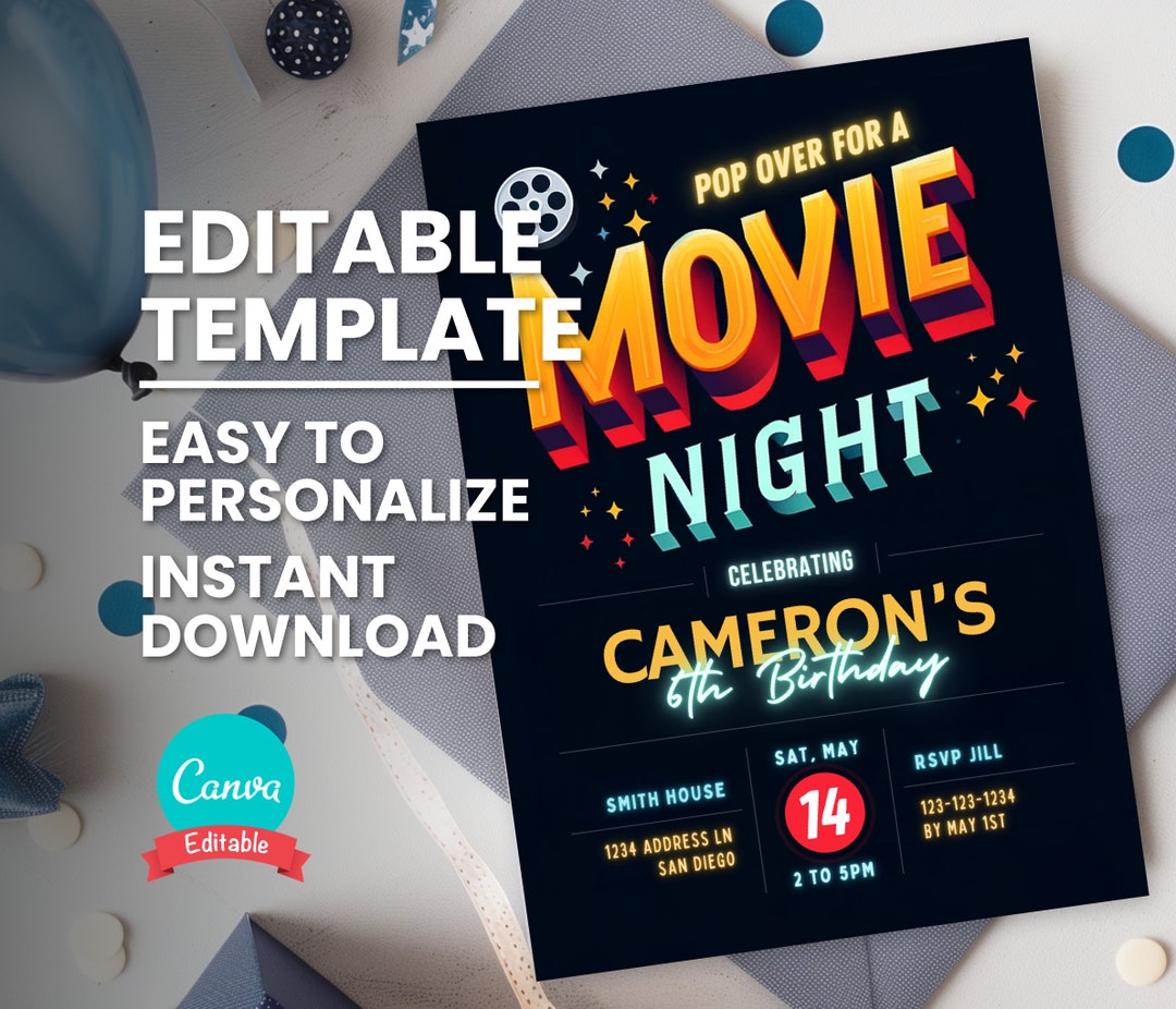 Movie Night Party Invite for Movie Birthday Party, Backyard Movie Night ...
