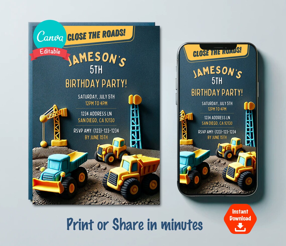Construction Birthday Party Invite for Kid Construction Vehicle Party ...