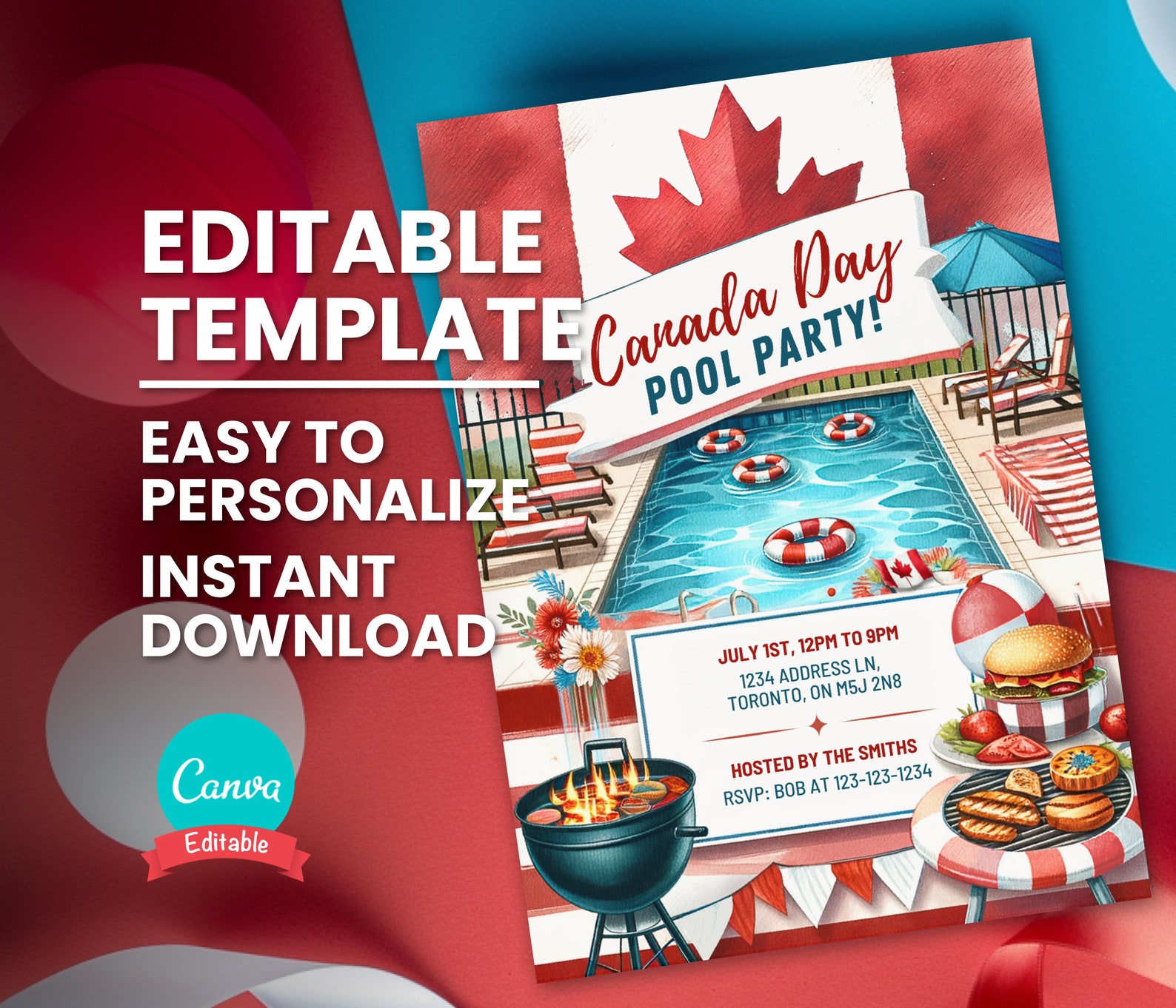 Canada Day Invitation for Canada Day Pool Party Invitation, Summer BBQ ...