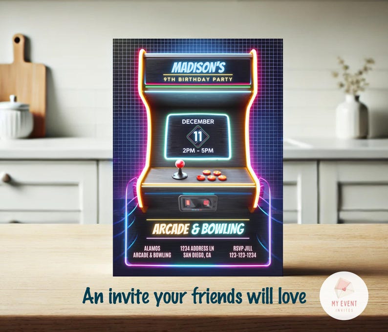 Arcade Birthday Invitation, Video Arcade With Any Theme Party Invite ...