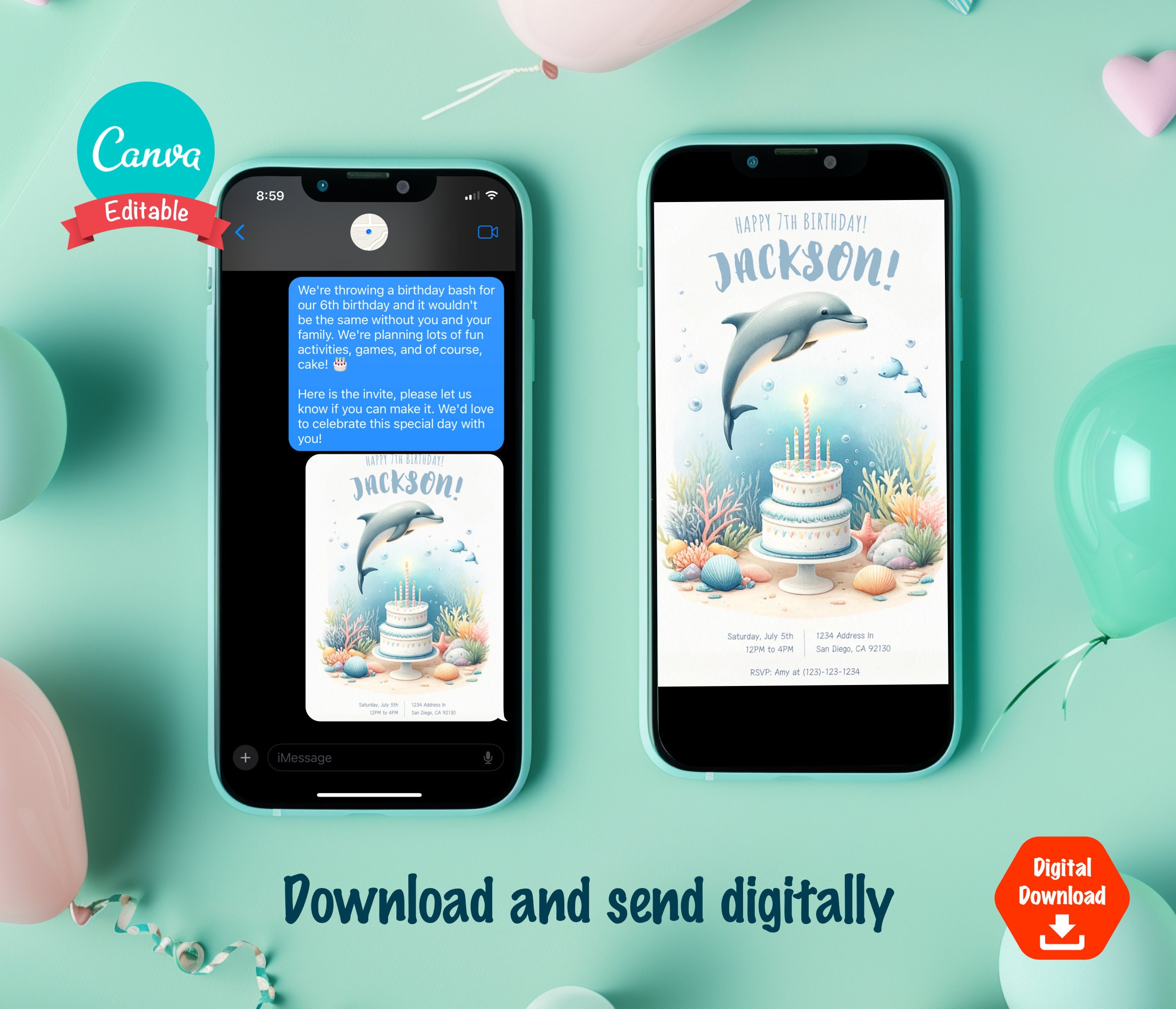 Editable Dolphin Birthday Invitation Card for Kids Birthday Party ...