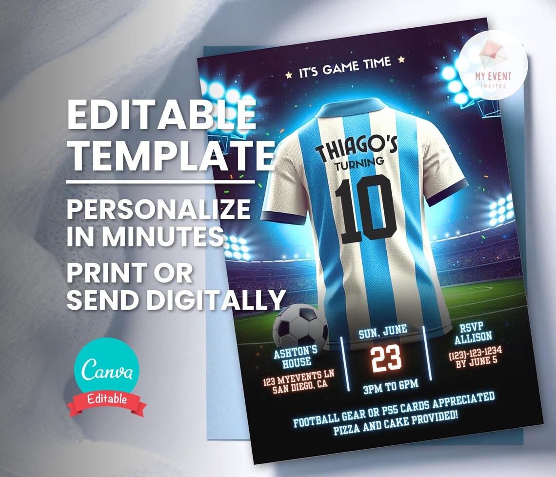 Soccer Birthday Invitation, Any Age Soccer Jersey, Kid Soccer Bday ...