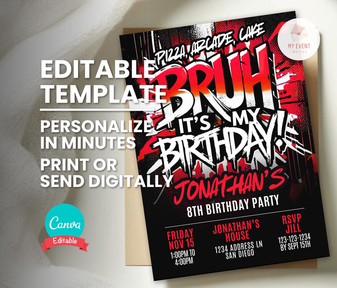 Red Bruh Birthday Invitation, Any Theme Editable Template, Printable ...