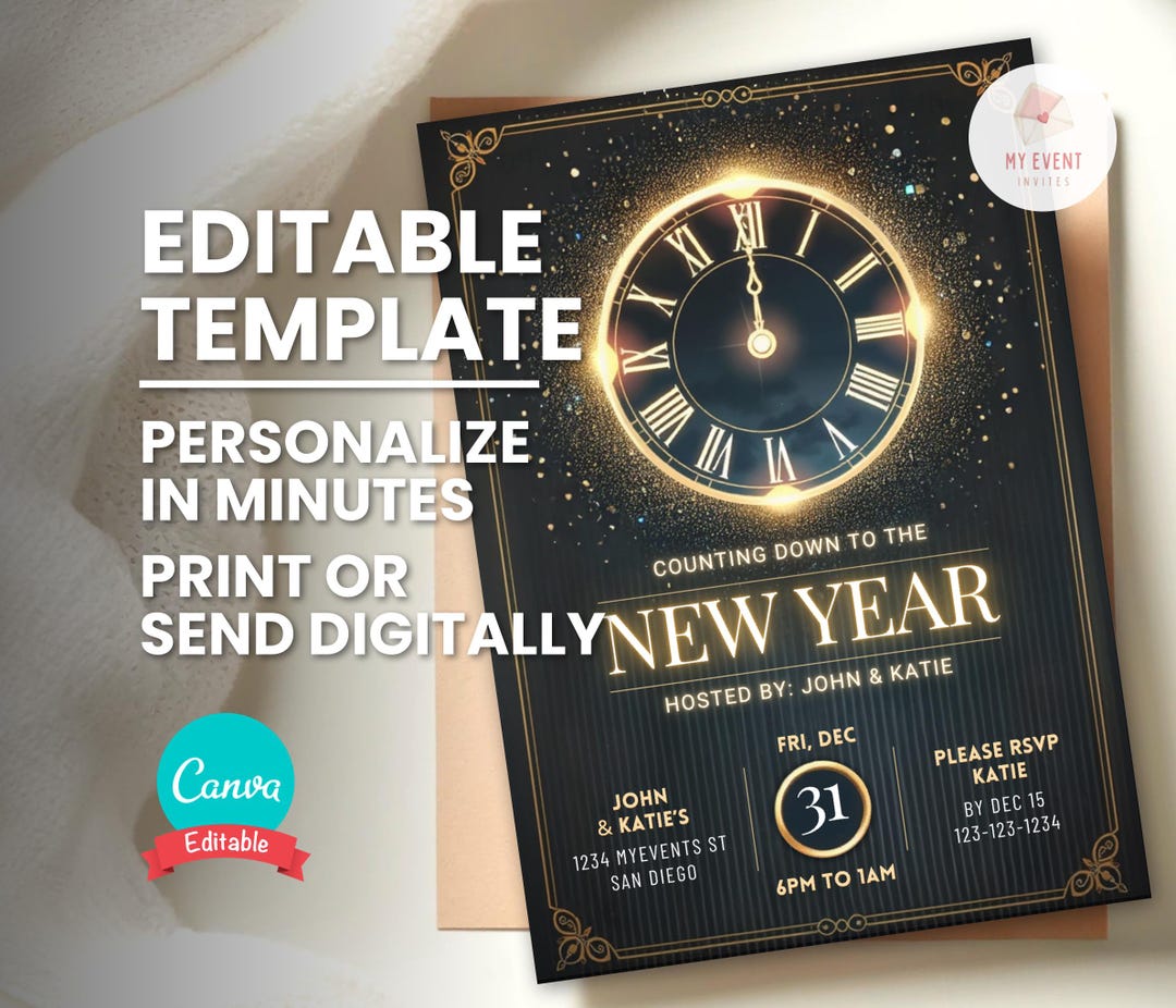 New Year Countdown Invitation, New Year Eve Party Invite, Editable ...