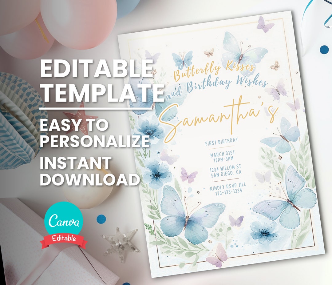 Butterfly Party Invitation for Butterfly Kisses Birthday Party Invite ...
