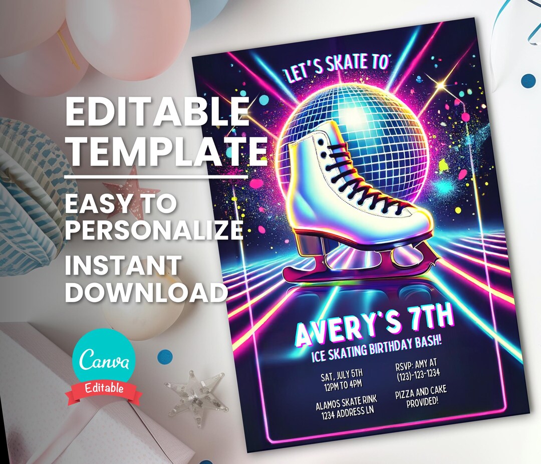 Ice Skating Party Invitation, Ice Skate Rink Birthday Invite, Editable ...