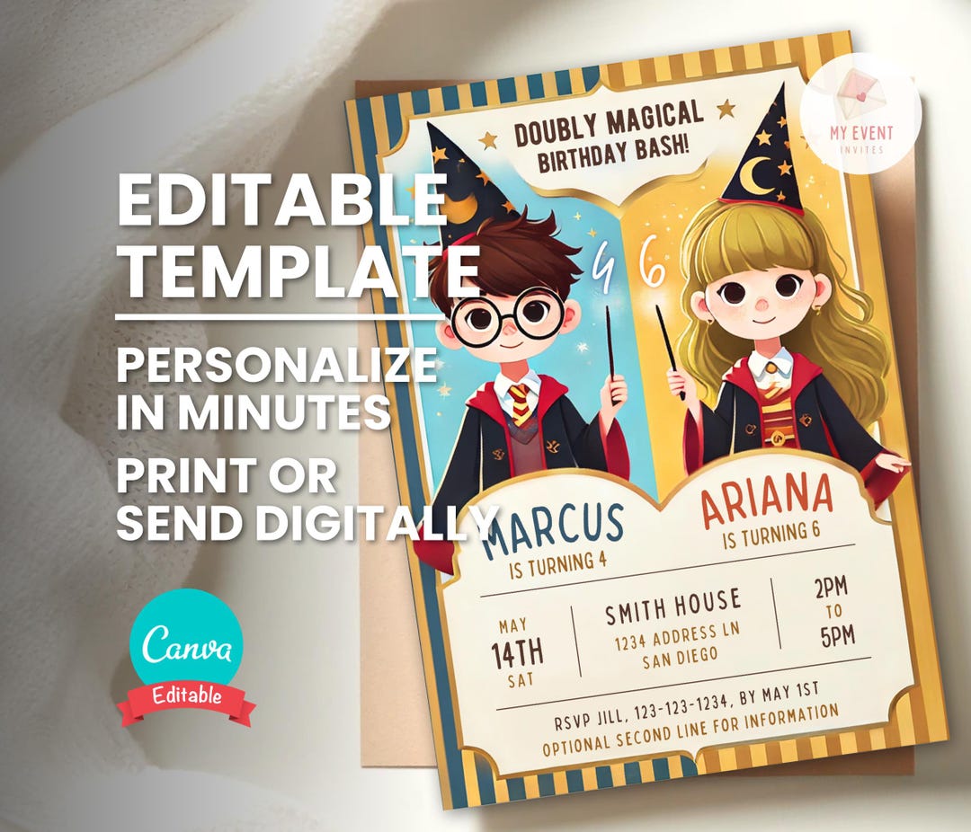 Joint Wizard Birthday Invitation, Dual Double Sorcerer Party, Magical ...