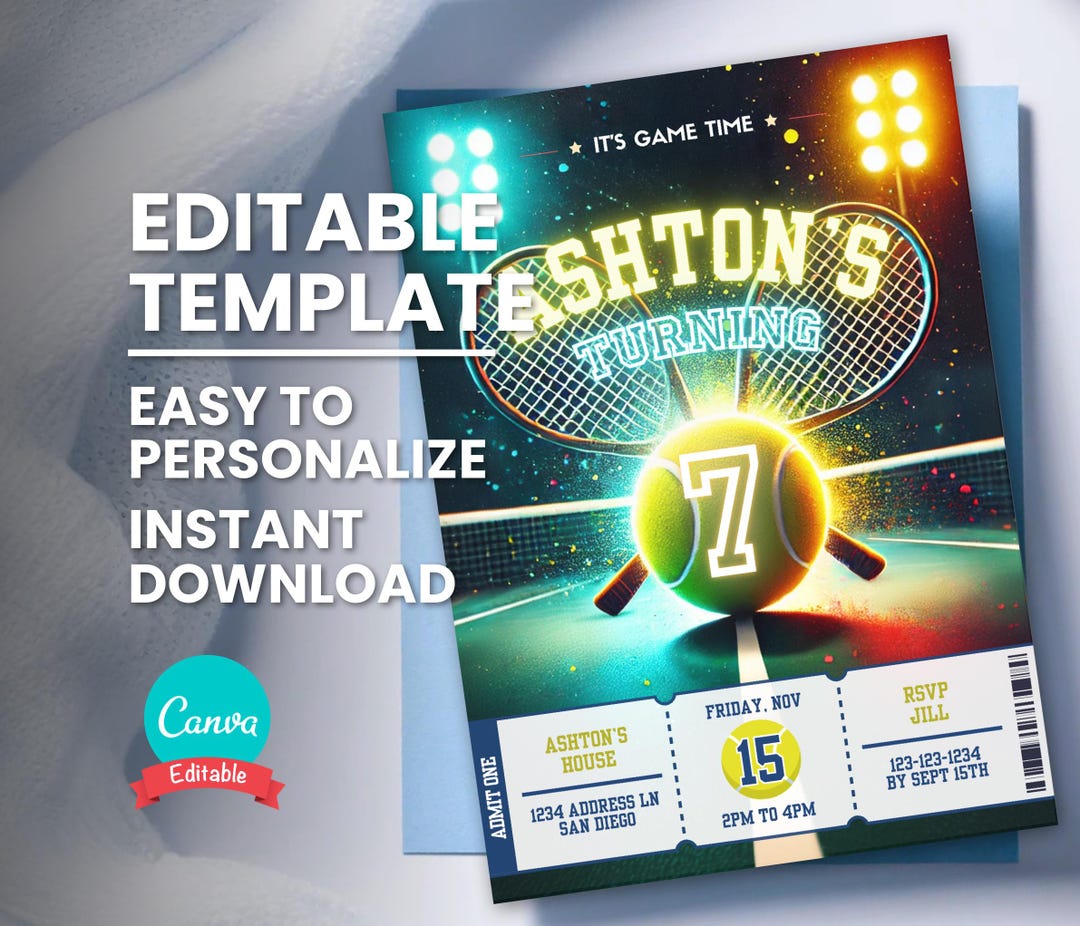 Tennis Birthday Invitation, Any Age, Editable Tennis Ticket Bday Party ...