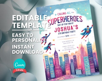 Editable Age Superhero Birthday Invite for Kid Superhero Summon ...