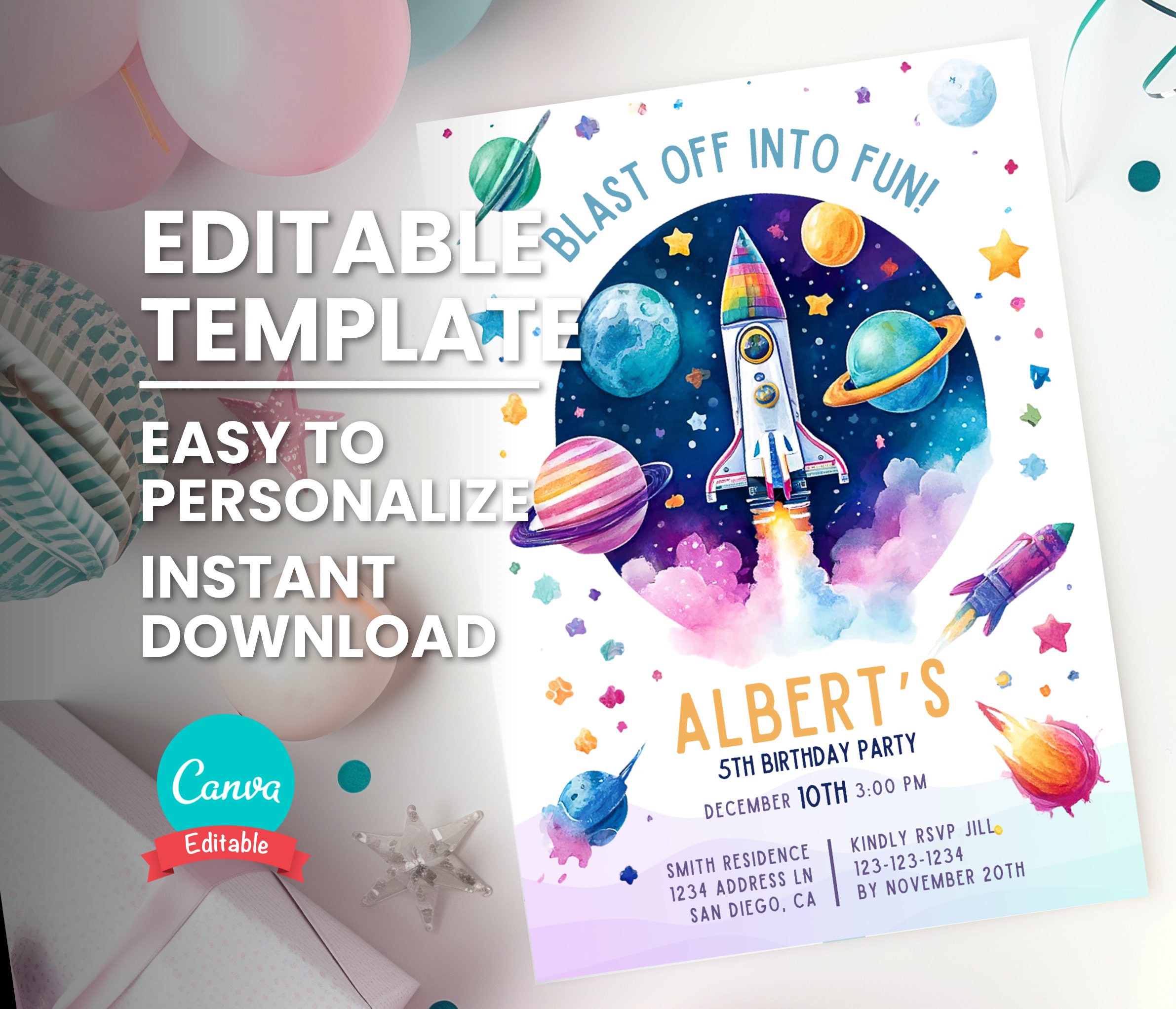 Outer Space Birthday Invite for Kid Space Birthday Party Invitation for ...