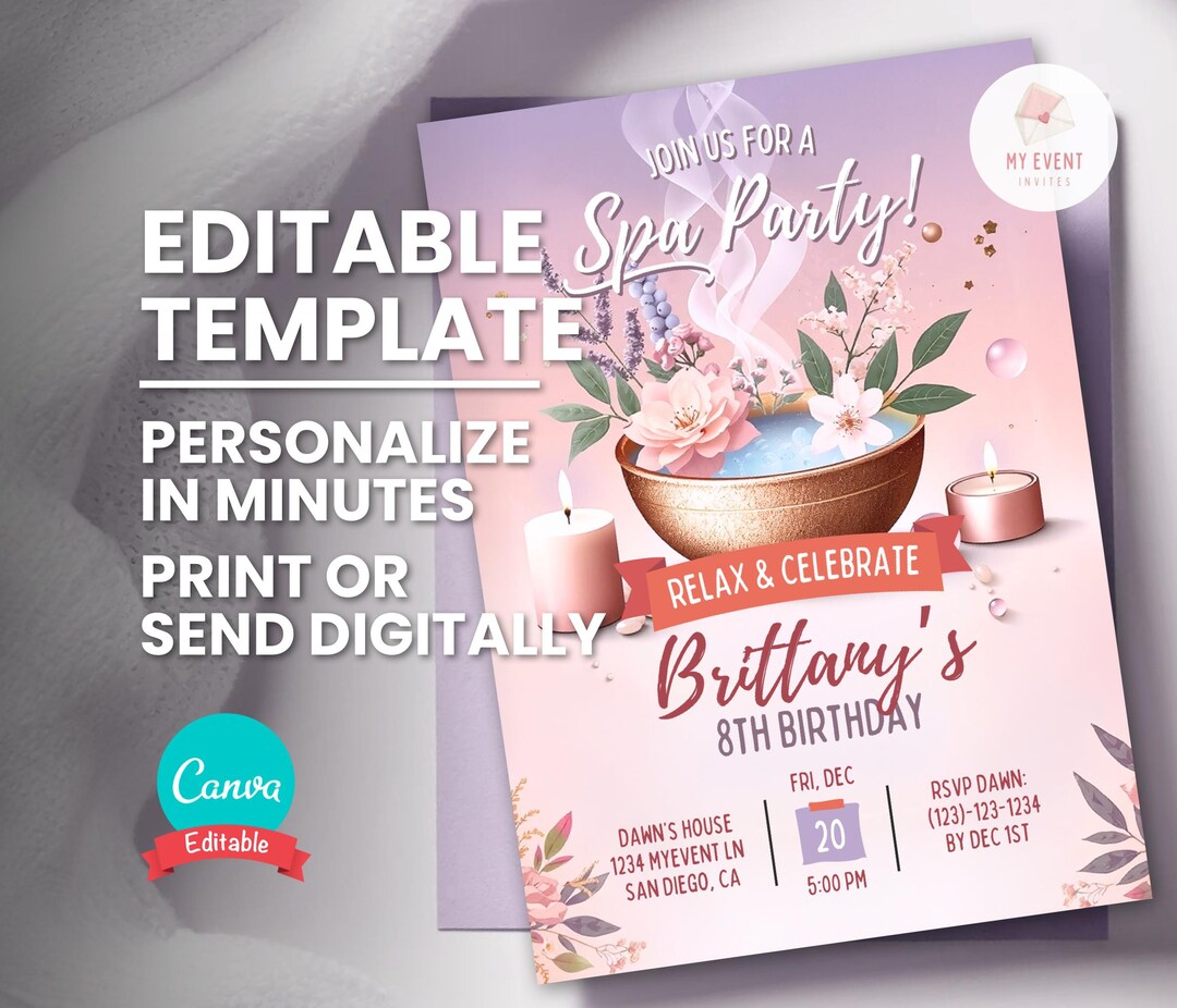Spa Birthday Invitation, Spa Party Invite, Any Age, Spa Day Theme ...