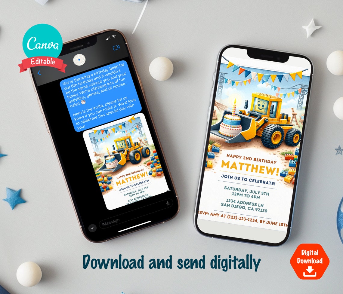 Bulldozer Birthday Invitation Card for Boy Construction Party Invite ...