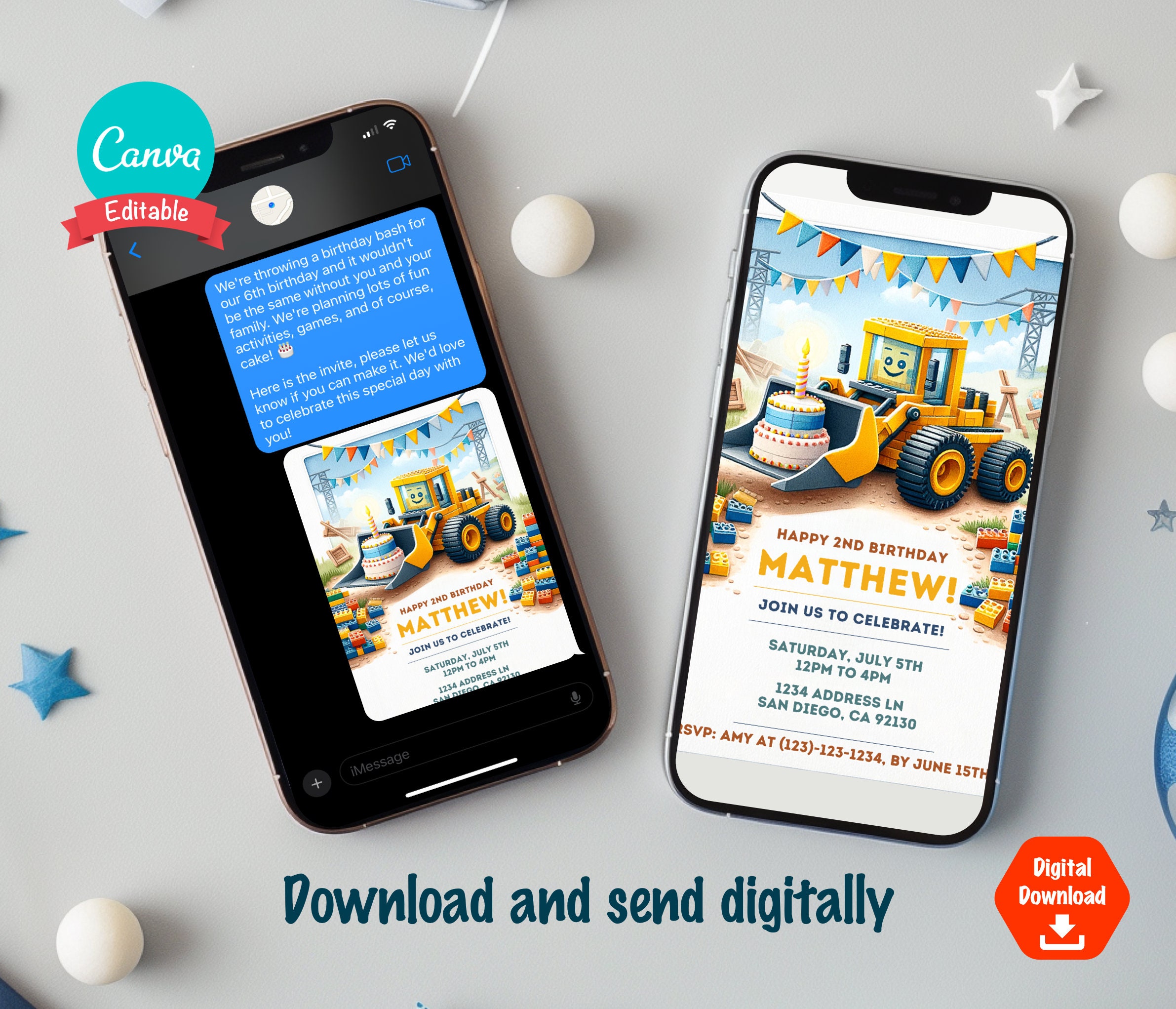 Bulldozer Birthday Invitation Card for Boy Construction Party Invite ...