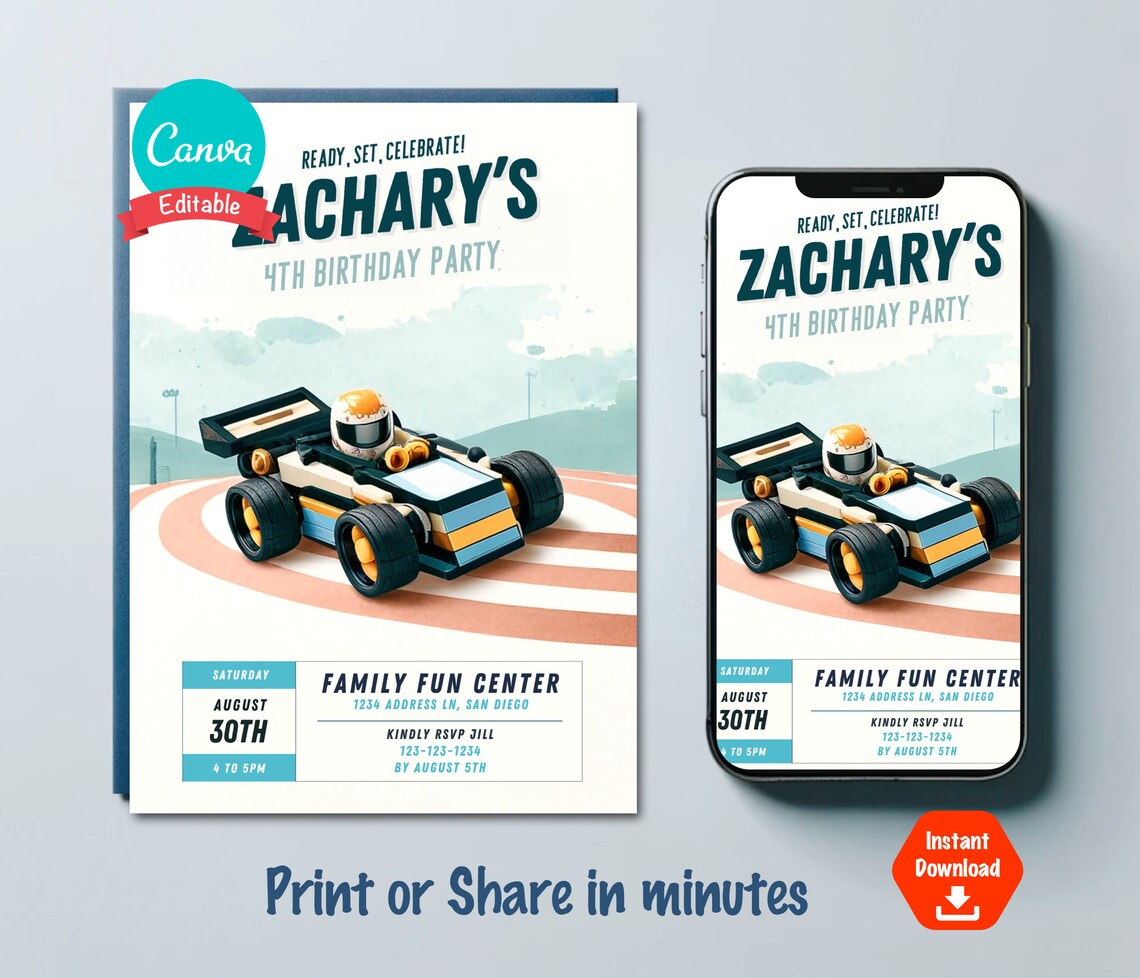 Race Car Birthday Invitation, Building Block Go Kart, Editable Template ...