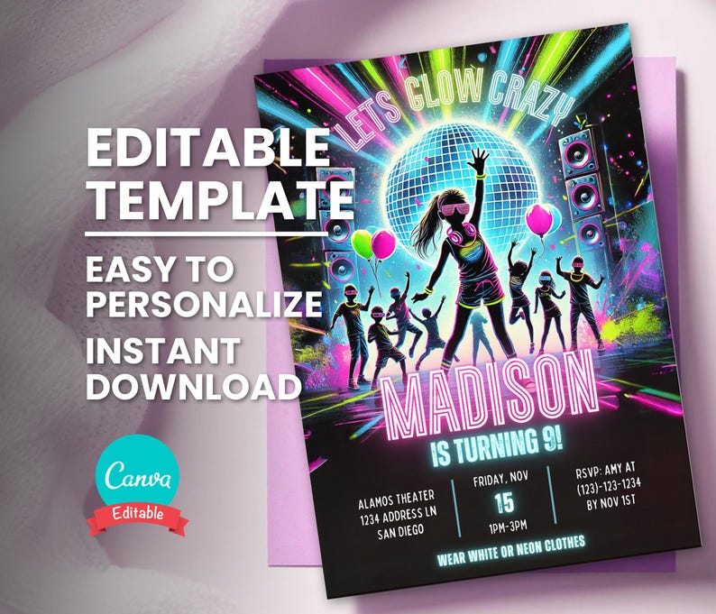 Glow Birthday Invitation, Lets Glow Party Invite, Any Age, Editable ...