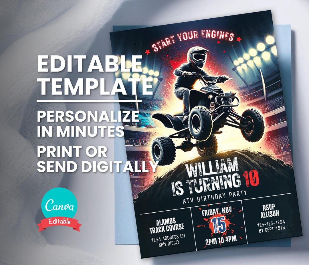ATV Birthday Invitation, Quad Bike Party Invite, Editable Template With ...
