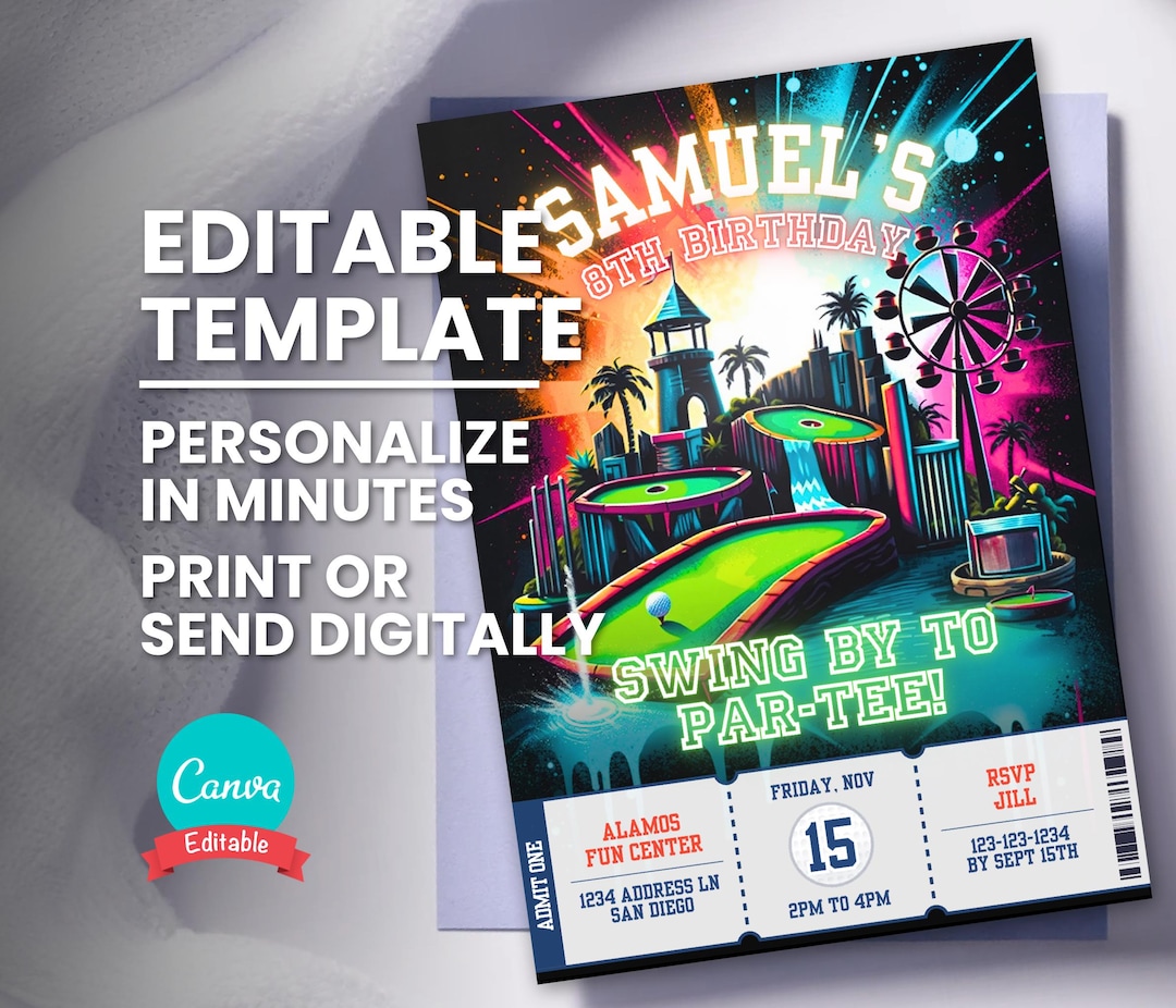 Miniature Golf Birthday Invitation, Glow Mini Golf Party Invite ...