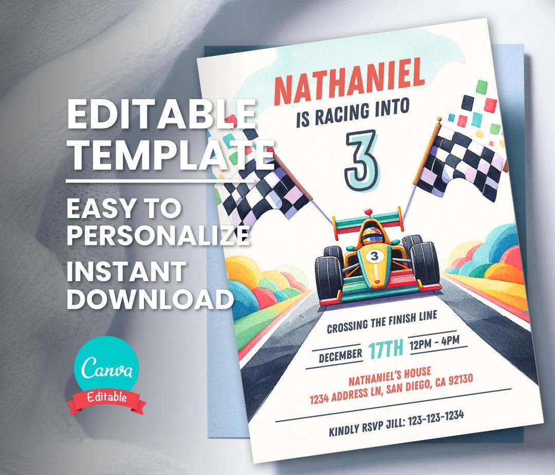 Race Car Birthday Invitation, Racing Theme Party, Any Age Editable Race ...