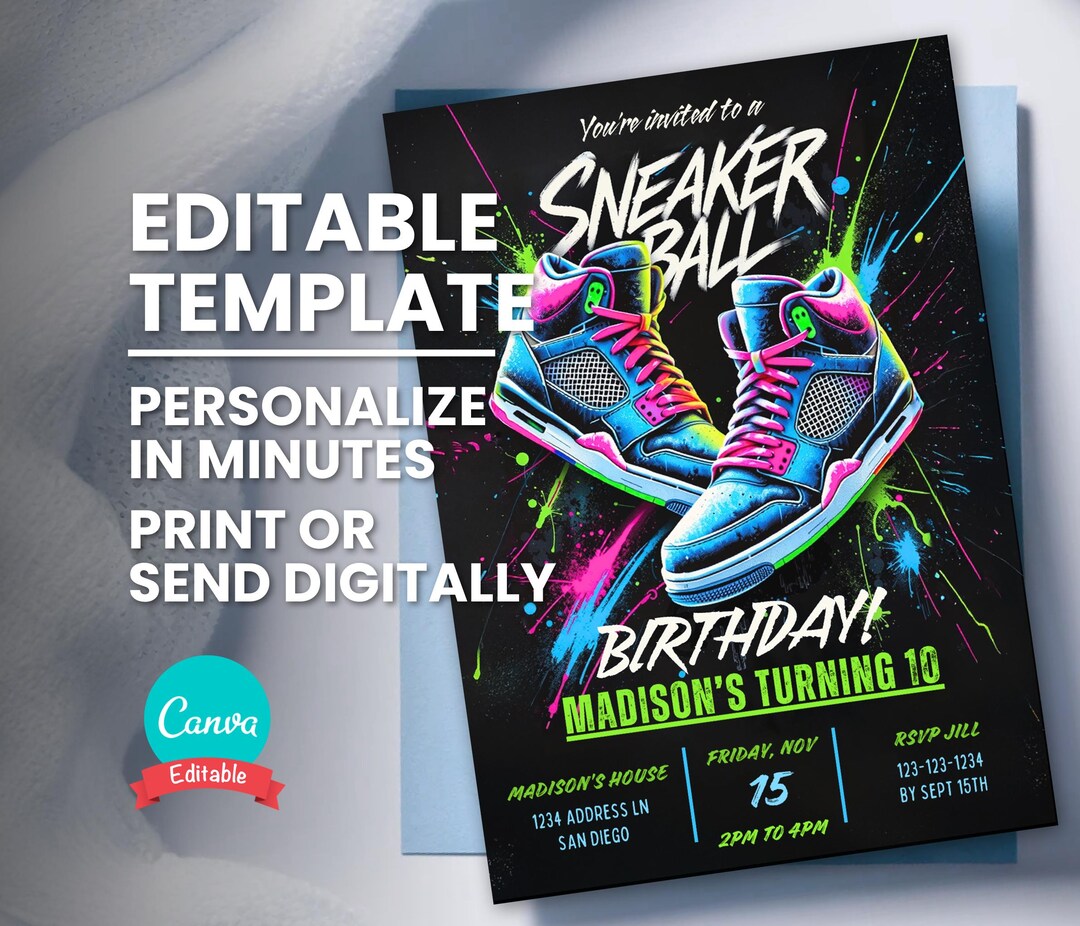 Sneaker Ball Birthday Invitation, Neon Sneaker Graffiti Party, Editable ...