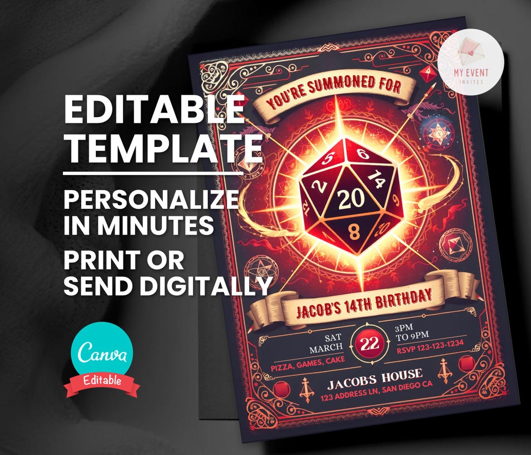 D&D Birthday Invitation, DND TTRPG Party Invite, Board Game Editable ...