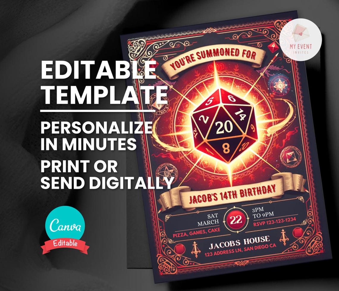 D&D Birthday Invitation, DND TTRPG Party Invite, Board Game Editable ...